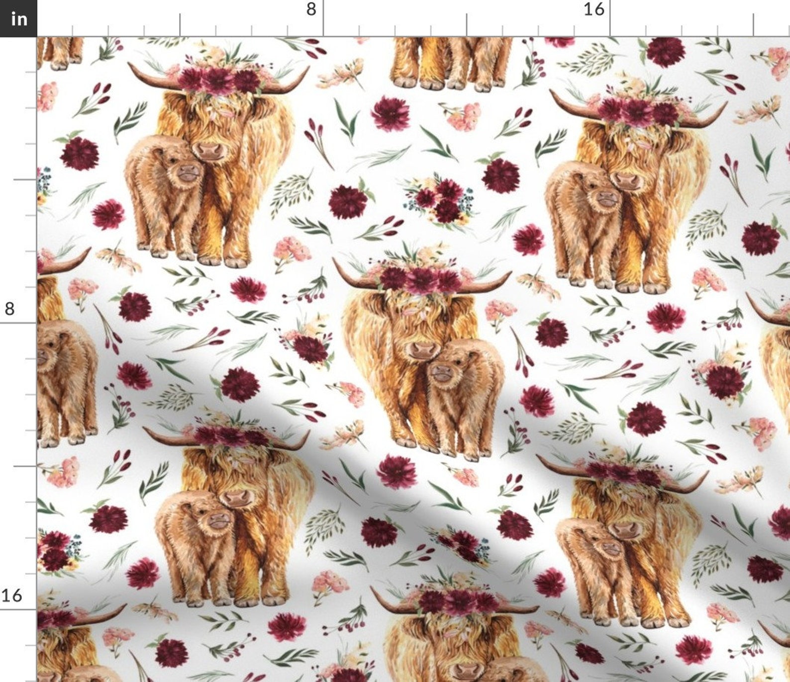 Floral Highland Cows Fabric Maroon Floral Highland Cow by - Etsy