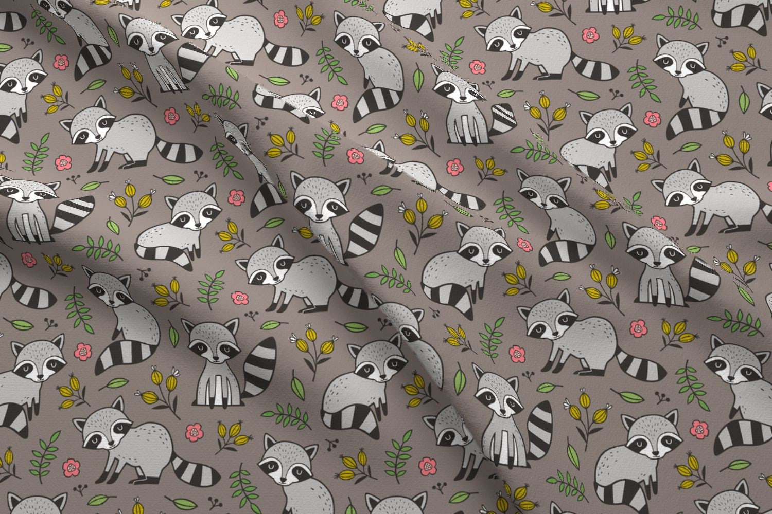 Raccoon Fabric Raccoon With Leaves Flowers Warm Grey Brown | Etsy