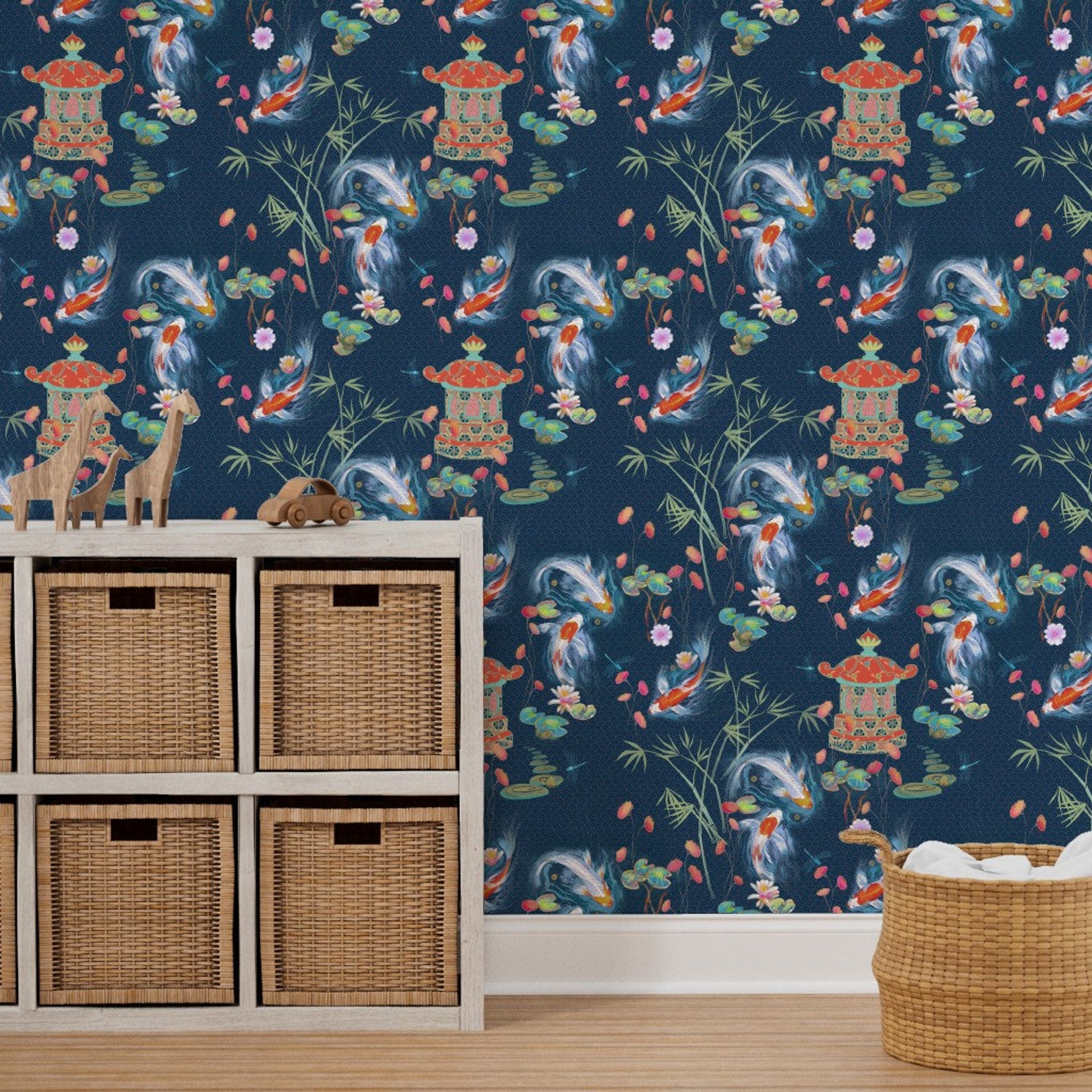 Japanese Wallpaper Japanese Water Garden Navy by Designed by - Etsy