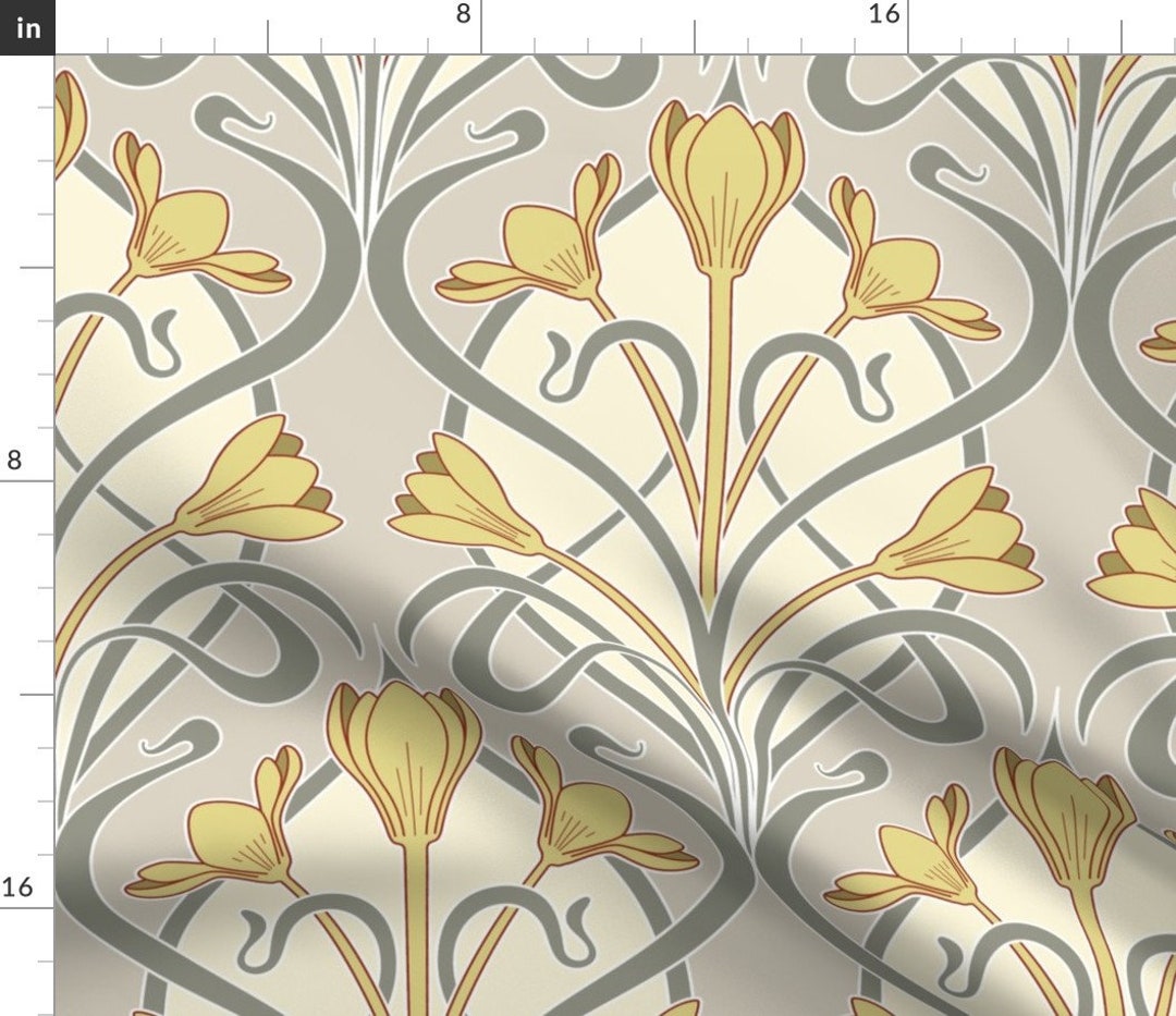 Yellow Floral Hearts Fabric Crocus Art Nouveau Vintage by Mia Valdez ...