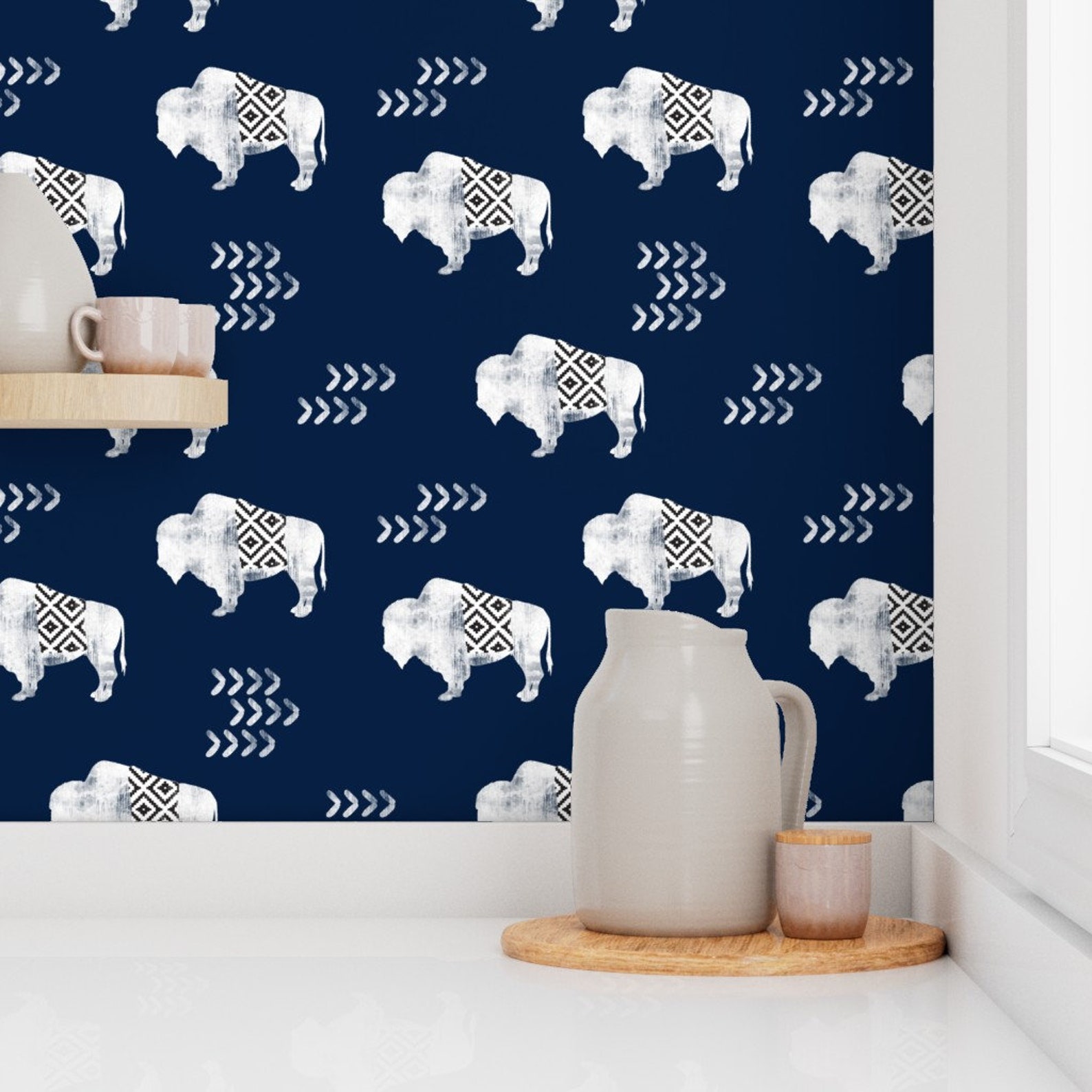 Bison Wallpaper Buffalo Aztec Blue by Littlearrowdesign - Etsy