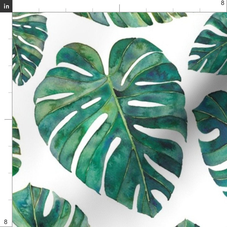 Watercolor Monstera Leaf Fabric Tropical Leaves by Elena | Etsy