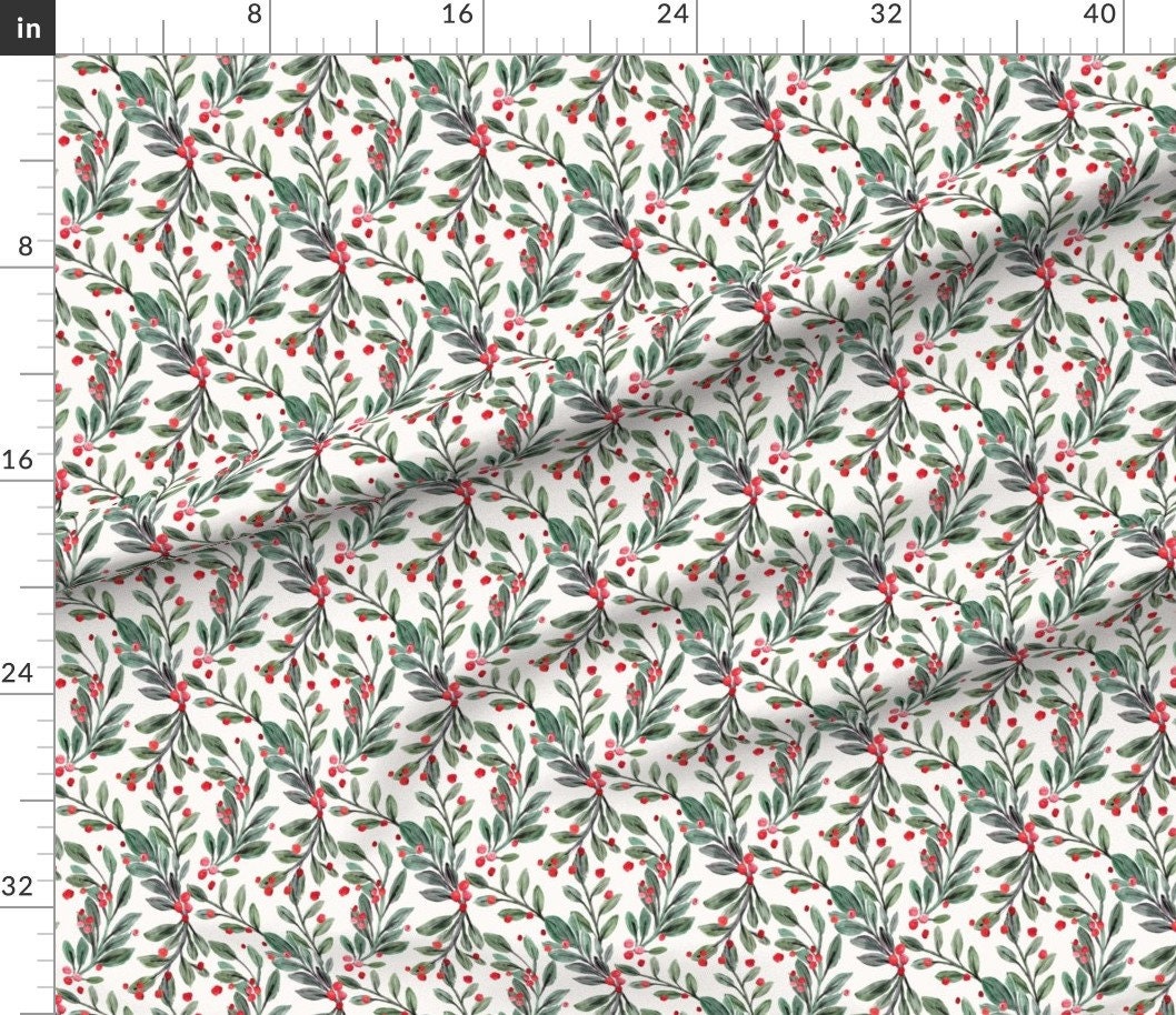 Mistletoe Floral Print Fabric Mistletoe and Red Berries by | Etsy