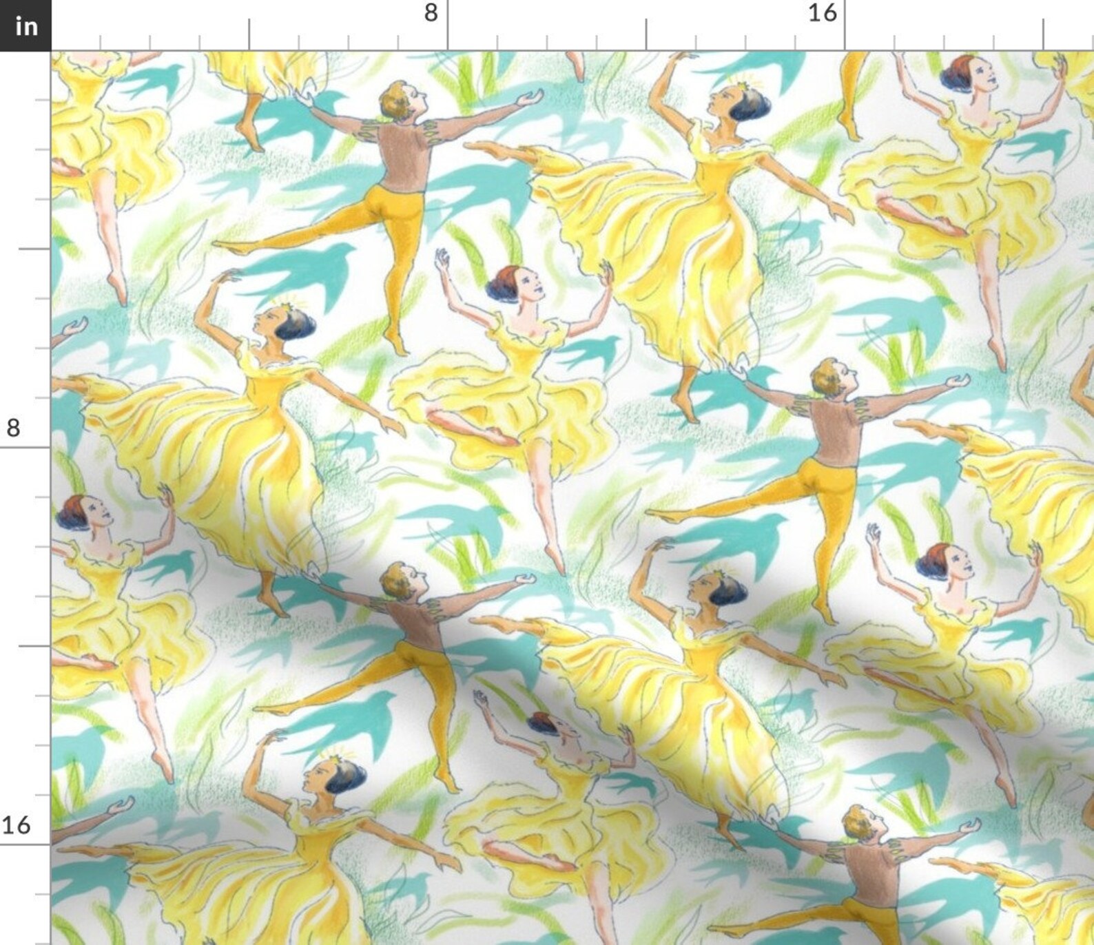 Yellow Ballet Fabric Ballet Dancers on White by Vinpauld - Etsy