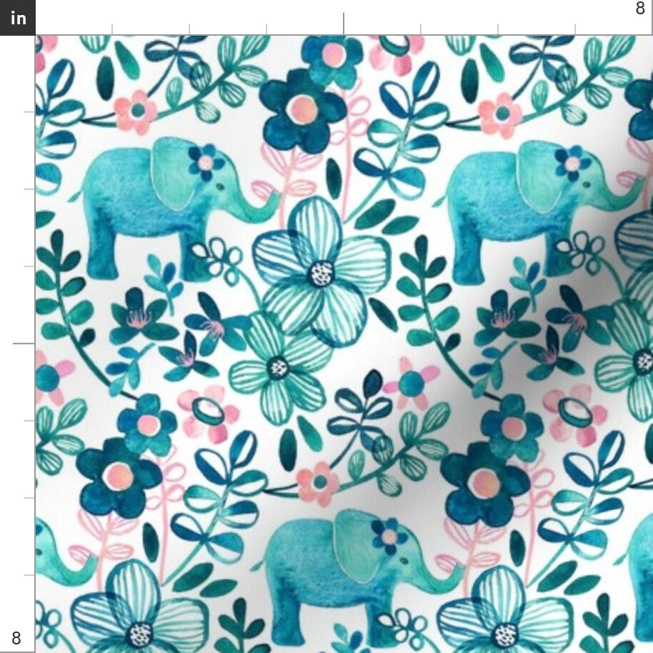 Elephant Fabric Little Teal Elephant Watercolor Floral on | Etsy