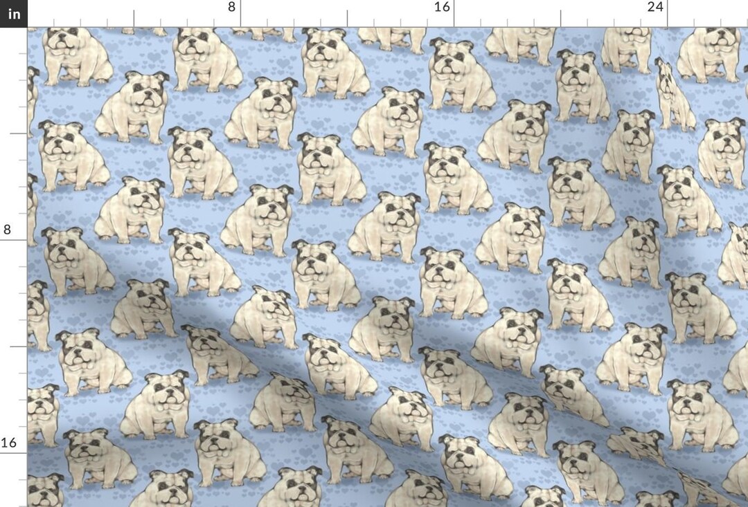 Bulldog Fabric - Sitting Bulldog With Blue Hearts by Eclectic House ...