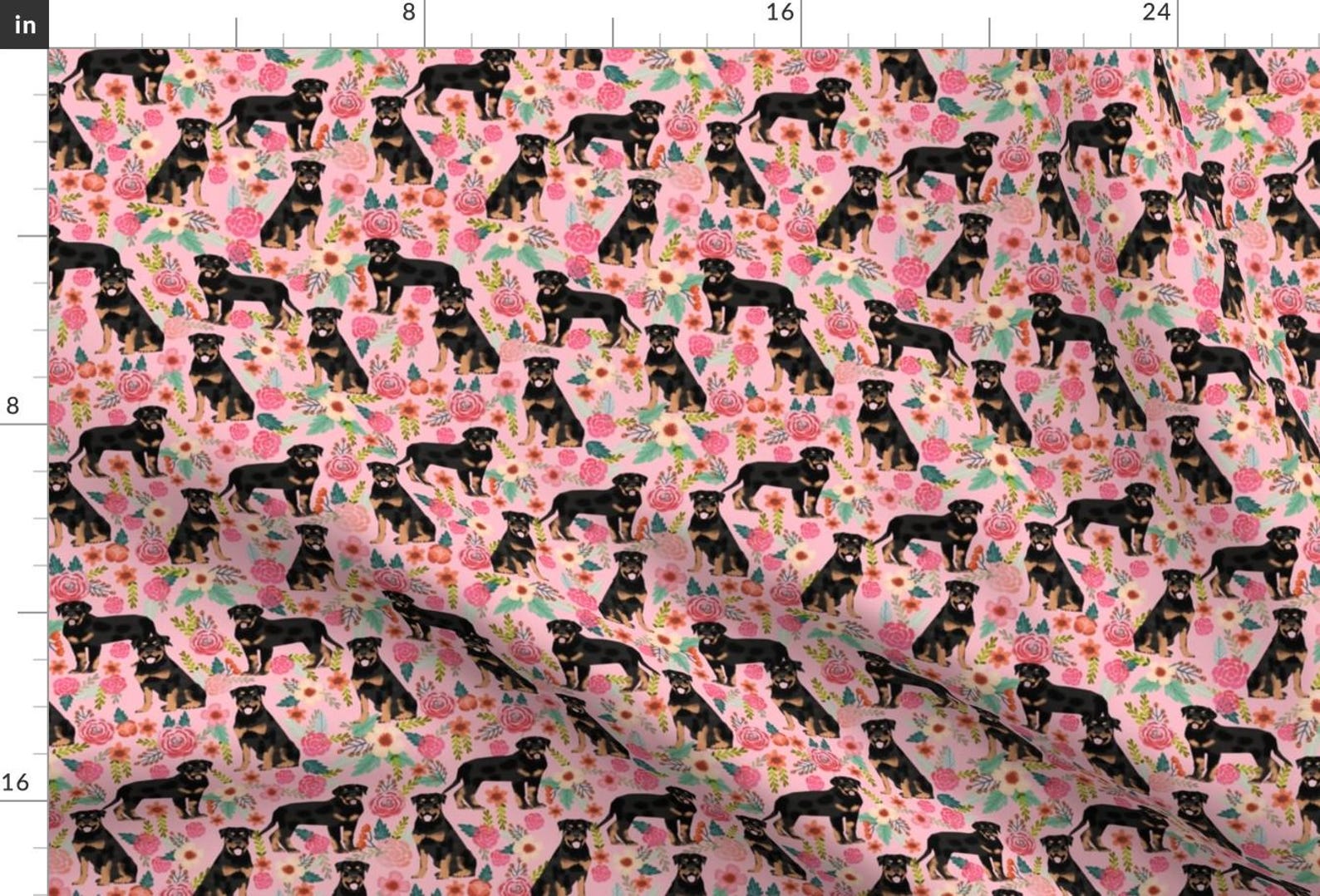 Rottweiler Fabric - Rottweiler Vintage Floral Dog by Petfriendly - Pink ...