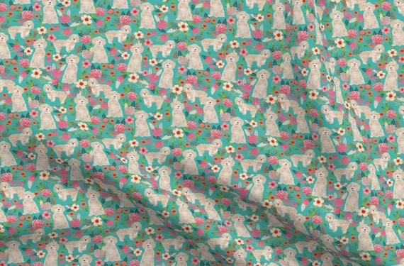 Cockapoo Fabric Cockapoo Florals Cream White Dog Turquoise | Etsy