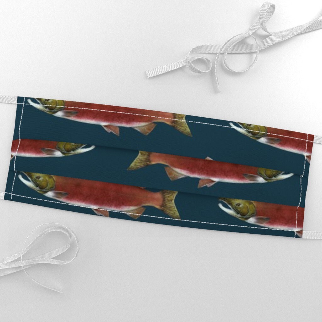Red Salmon Fabric Sockeye Salmon on 1d3d4c Navy by - Etsy