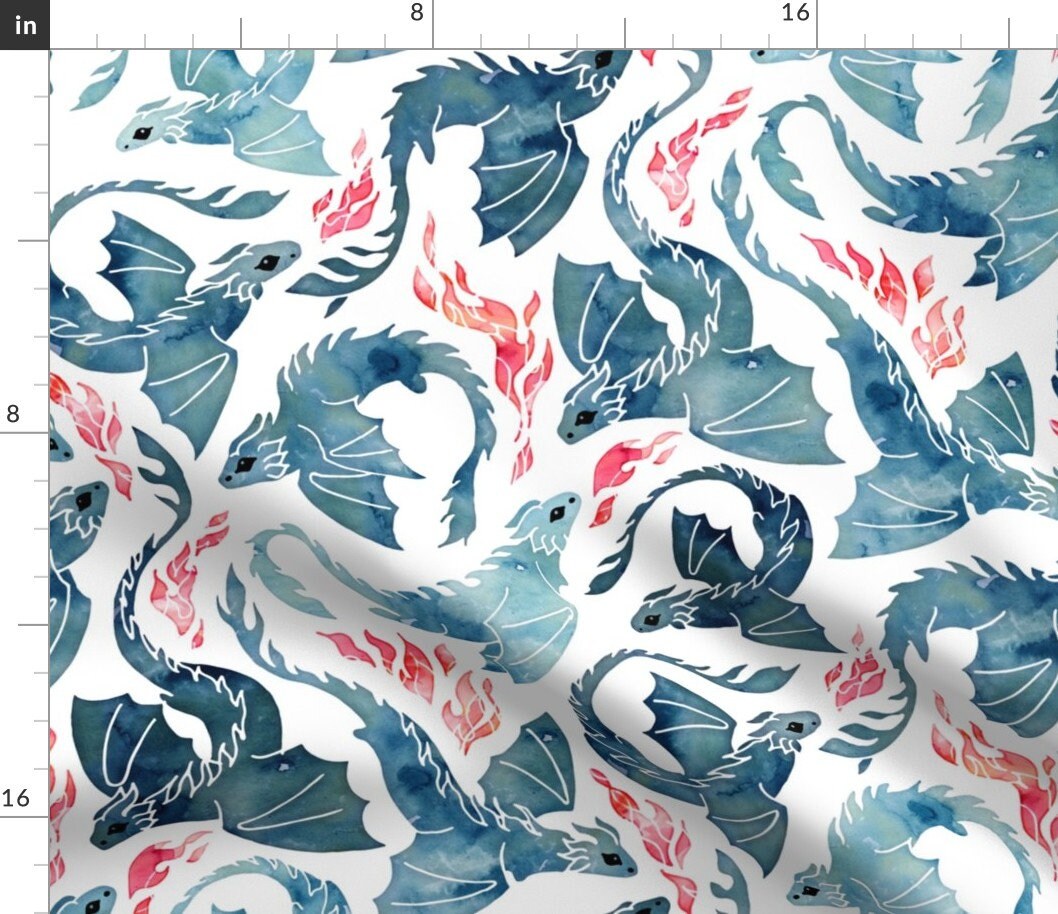 Flying Dragon Fabric Dragon Fire by Adenaj Watercolor - Etsy
