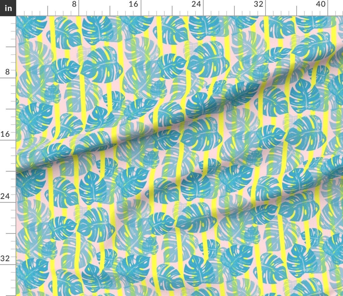 Monstera Stripes Fabric Linocut Monstera Stripes Pop by | Etsy