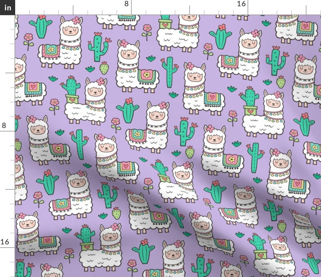 Llama Fabric Llamas Alpaca Cactus Flowers on Purple by Caja Design ...