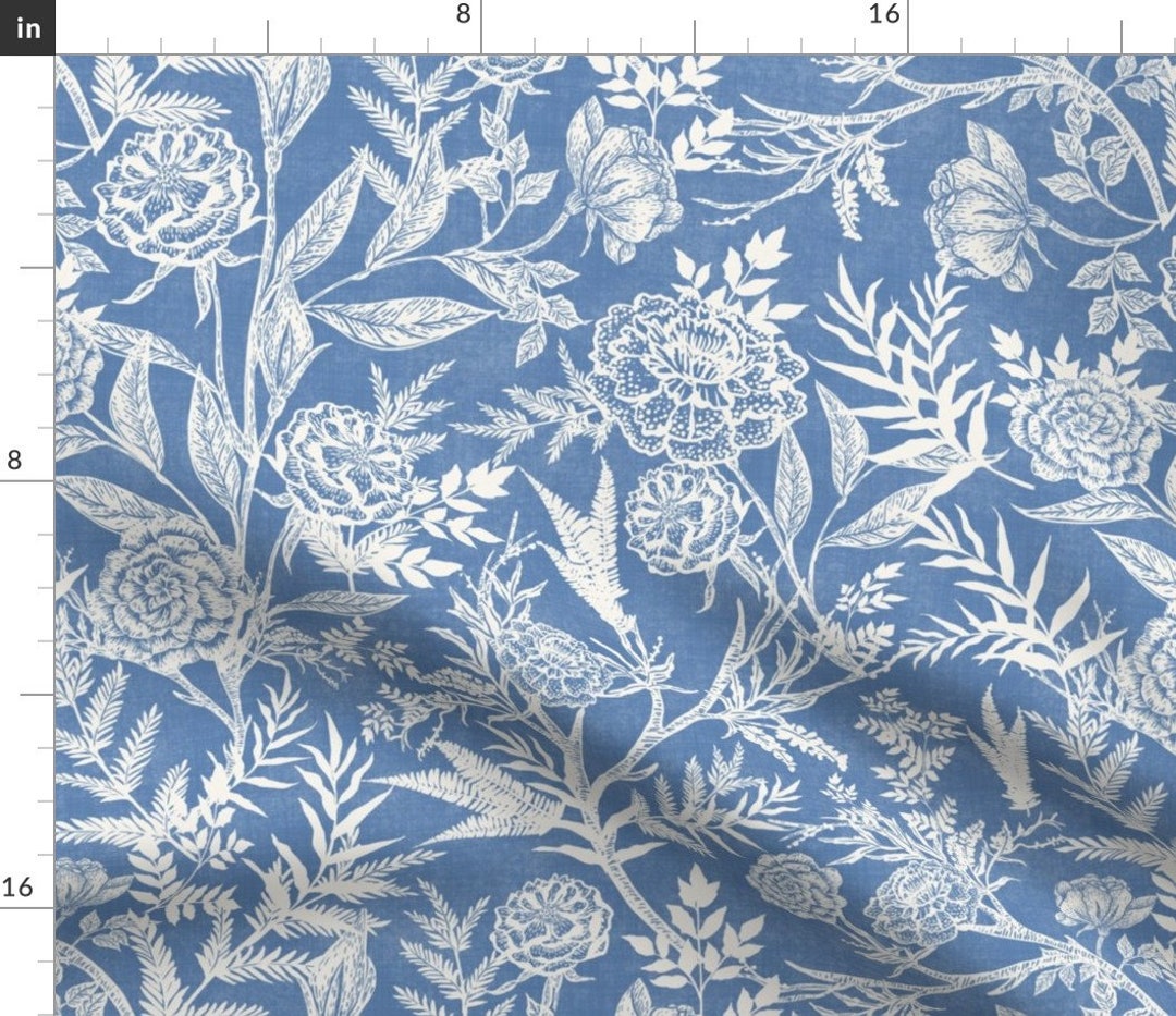 Blue Floral Toile Fabric French Toile Florals by Smokeinthewoods Flower ...