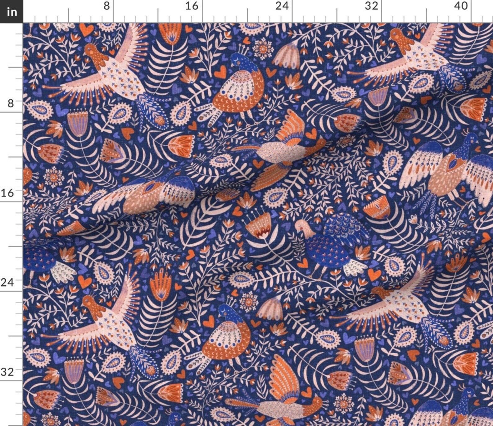 Scandinavian Folk Art Fabric All My Birds Blue Large Folk - Etsy