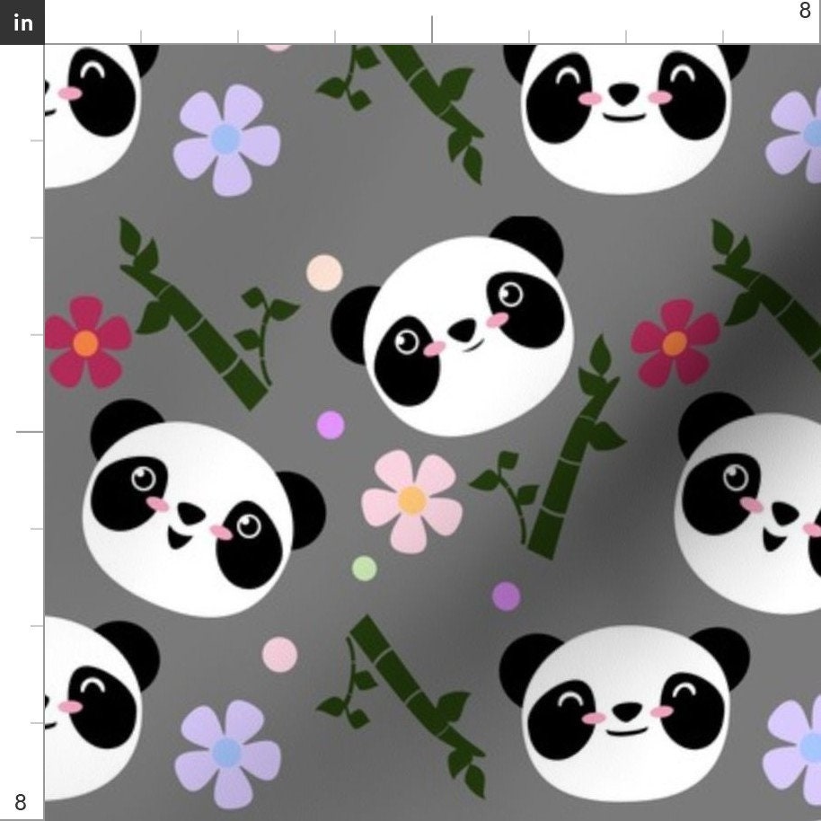 Kawaii Pandas on Gray Fabric Kawaii Panda Faces in Gray by | Etsy