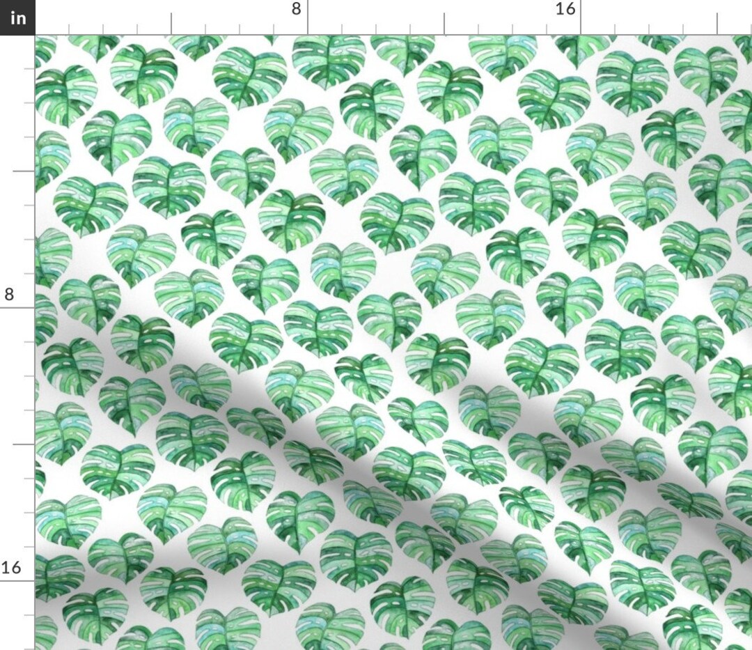 Monstera Fabric Heart Shaped Watercolor Monstera Leaves Green White ...