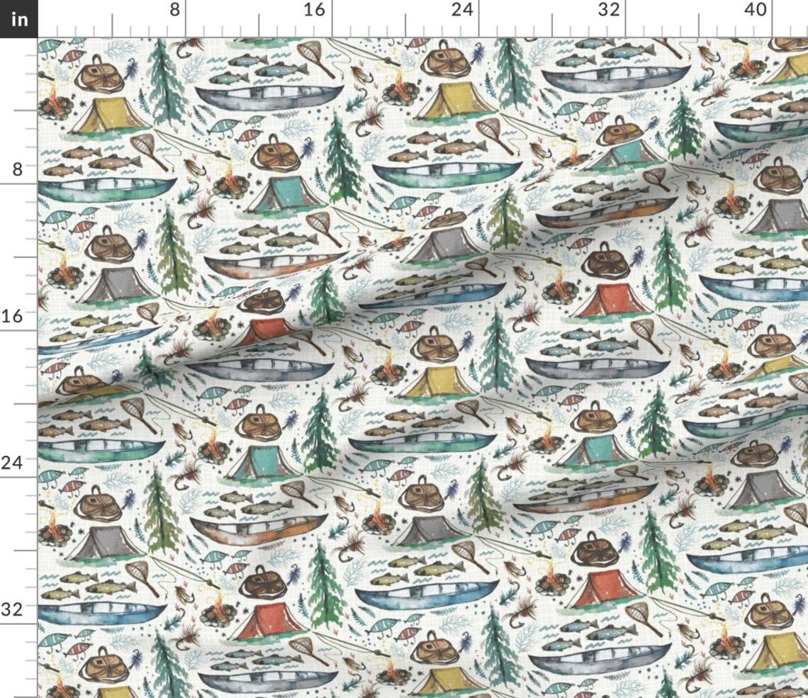 Watercolor Lake Camping Fabric Lake House Fishing Motif by - Etsy