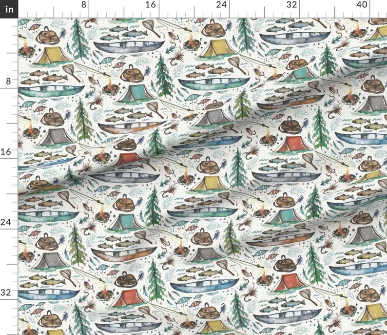 Watercolor Lake Camping Fabric Lake House Fishing Motif by - Etsy