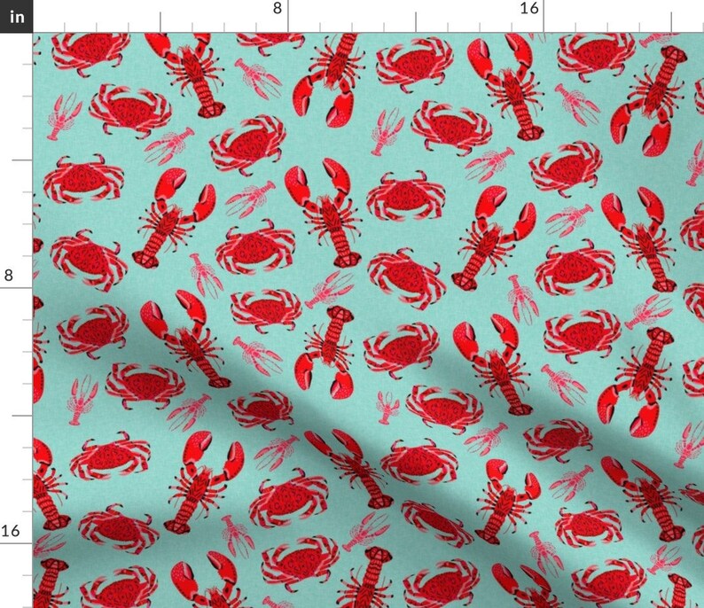 Crab Fabric Crab and Lobsters // Mint Crabs Ocean Nautical - Etsy