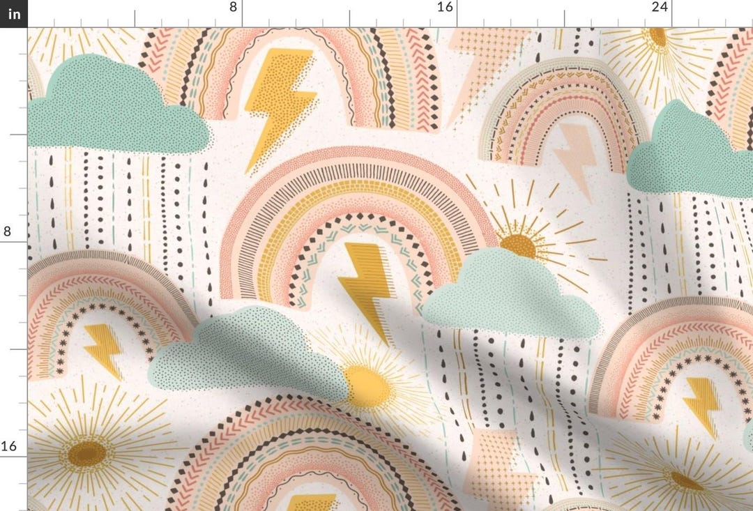 Weather Fabric - Weather Patterns by Garabateo - Rainbows Clouds Rain ...