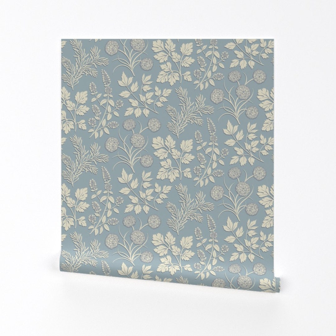 Cottagecore Wallpaper Kitchen Herbs by Ekpdesign Botanical Pastel Blue ...