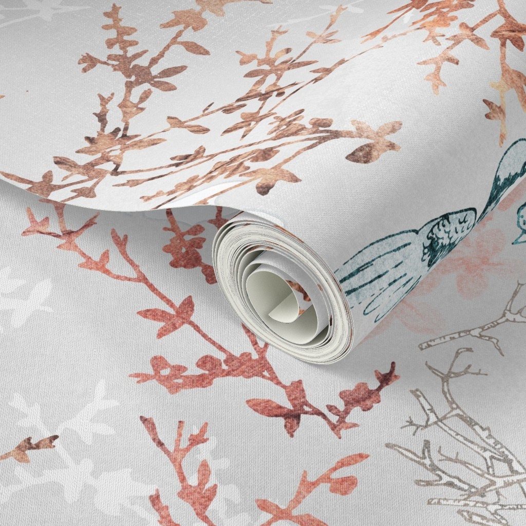 Bird Wallpaper Bluebirds by Nouveau Bohemian Blue Red Pink - Etsy