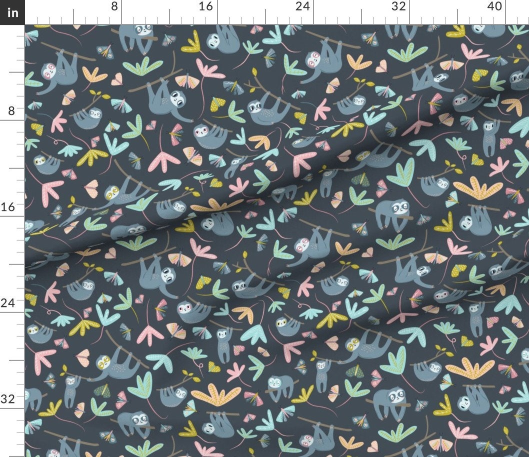 Pastel Sloths Fabric Sloths And Moths Large Dark Ground By | Etsy
