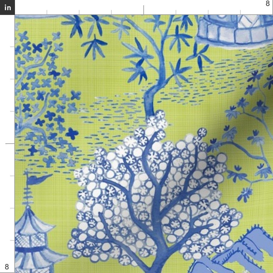 Pagoda Blue Floral Trees Fabric Pagoda Forest Citron and - Etsy