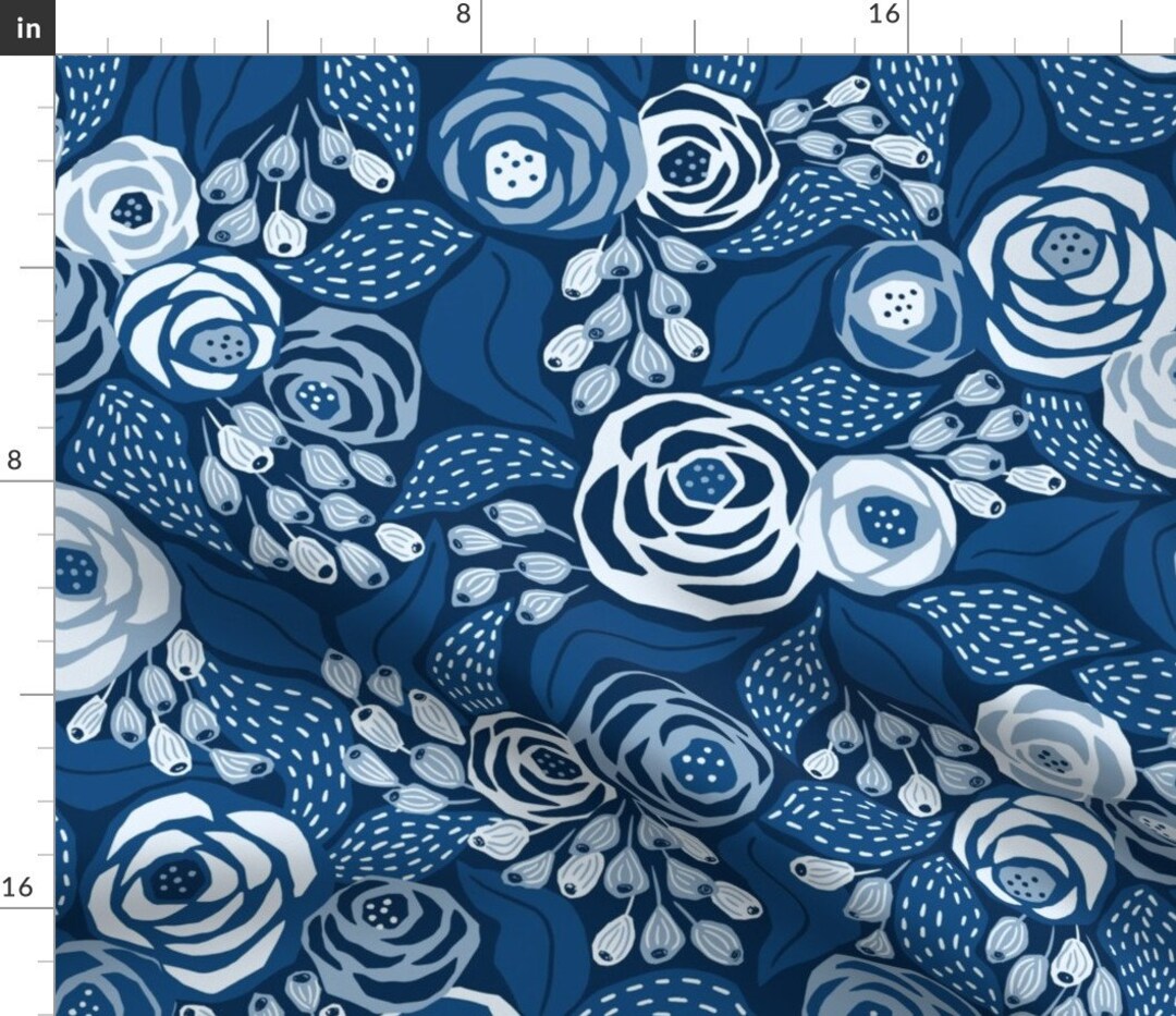 Classic Blue Roses Fabric Classic Blue Papercut Roses/large - Etsy