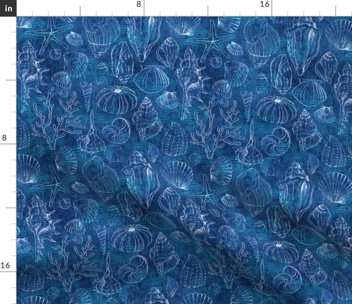 Blue Sea Shells Fabric How Blue is My Ocean by Robinpickens | Etsy