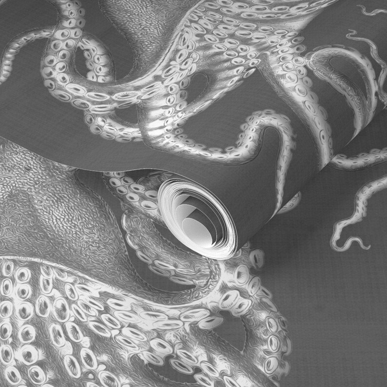 Octopus on Gray Wallpaper Octopus Oasis Gray by - Etsy