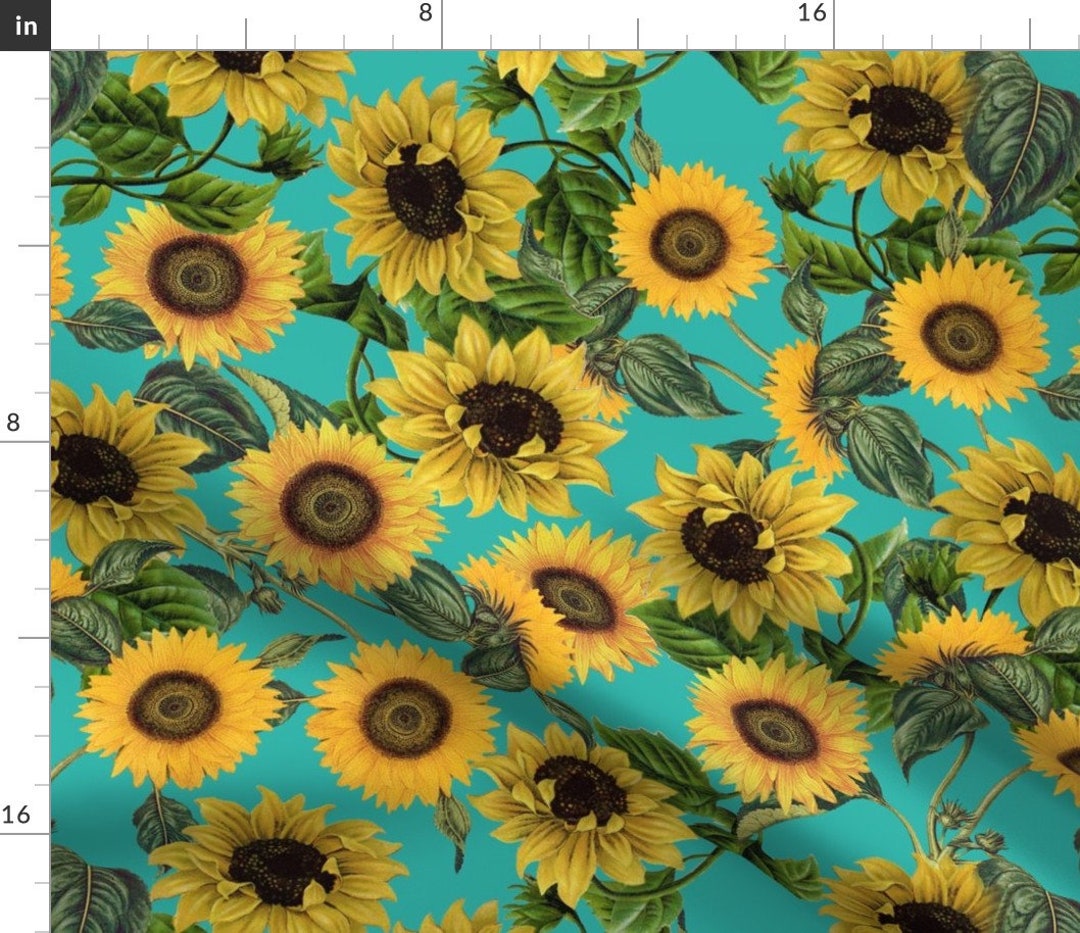Sunflowers Fabric 18 Vintage Sunflowers on Teal by Utart Colorful ...