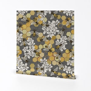 Honey Bees Wallpaper Honey Bees by Fernlesliestudio Gray Yellow Hexagon ...