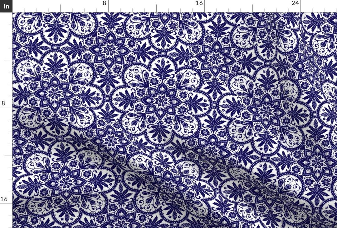 Vintage Blue Tile Fabric - Tile Admiral Blue and White by ...