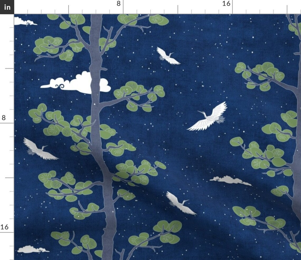 Japanese Crane Fabric Forest Cranes by Forestsea Navy Blue - Etsy