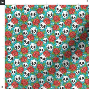 Skulls and Roses Fabric Skulls and Roses Red on Blue Tiny | Etsy