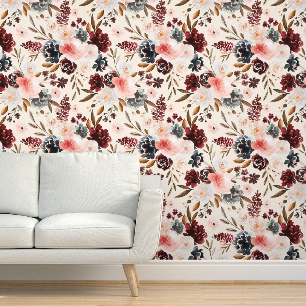 Floral Wallpaper Navy Velvet Golden by Indybloomdesign - Etsy