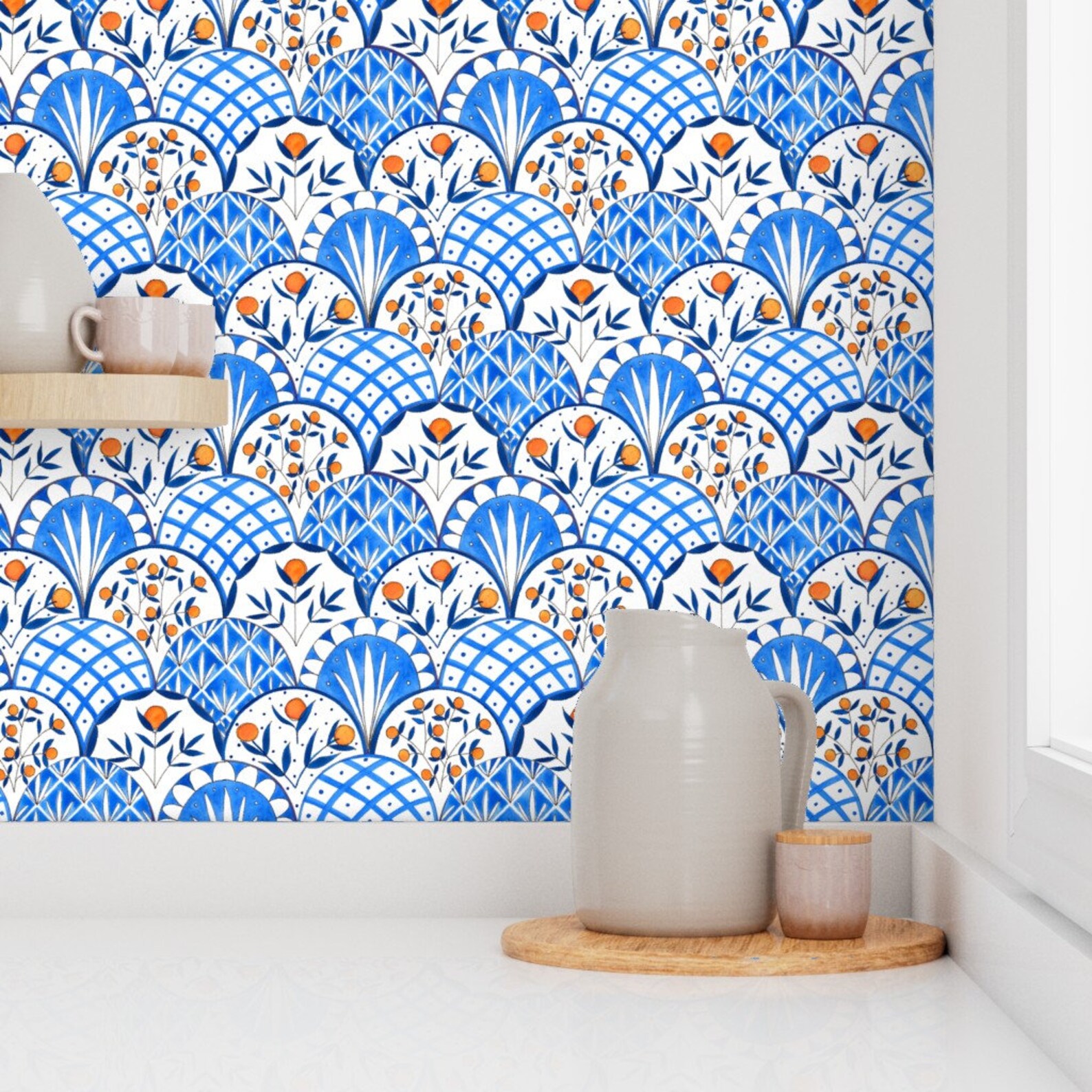 Blue Tile Wallpaper Blue Tiles by Joyink Orange Blue White - Etsy