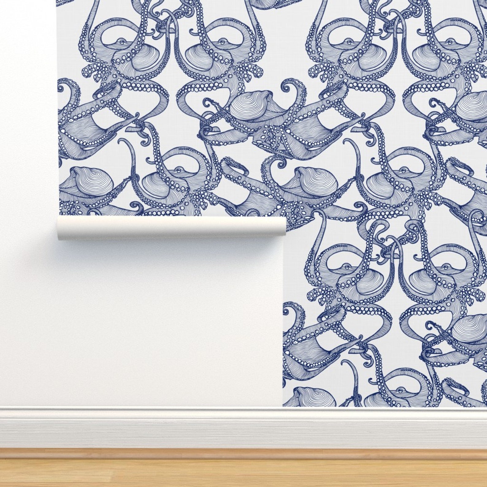 Cephalopod Wallpaper Giant Octopi Navy White by Patricia - Etsy