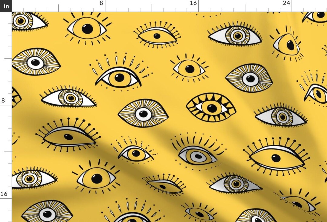 Yellow Eyes Abstract Funky Illustration Fabric - Eyes - Yellow and ...