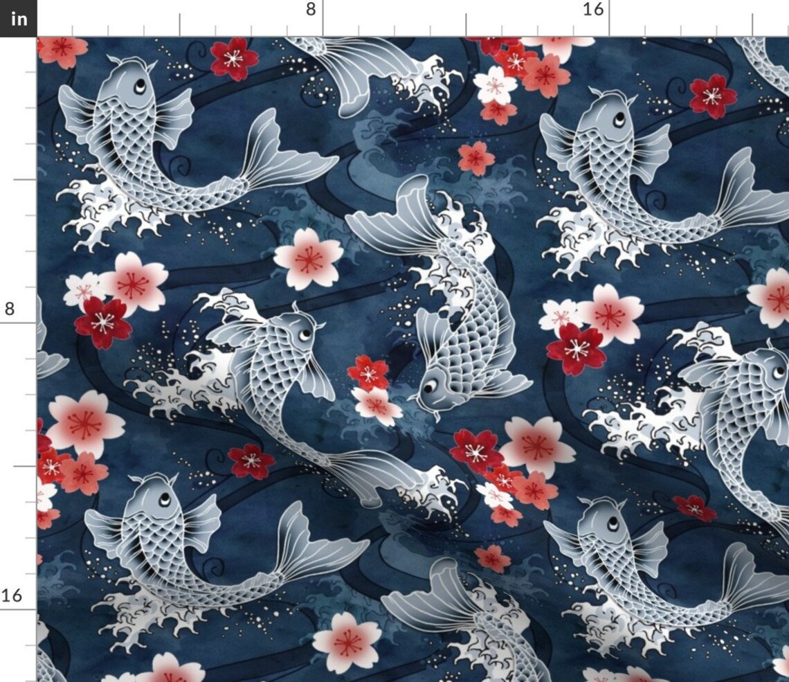 Koi Fish Fabric Koi and Sakura Blossom in Blue by Adenaj | Etsy