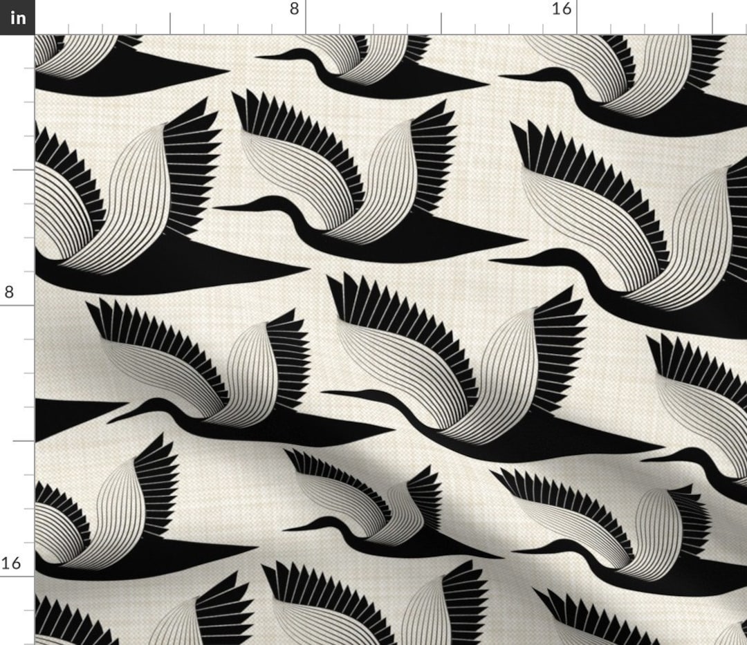 Stork Black Abstract Birds Fabric Storks on Linen by Vo Aka Virginiao ...