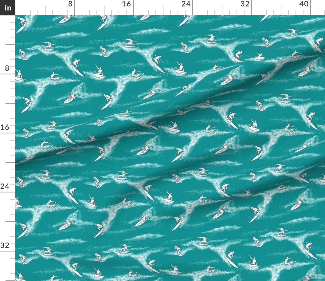 Ocean Waves Surfing Fabric Surfers on Turquoise by | Etsy