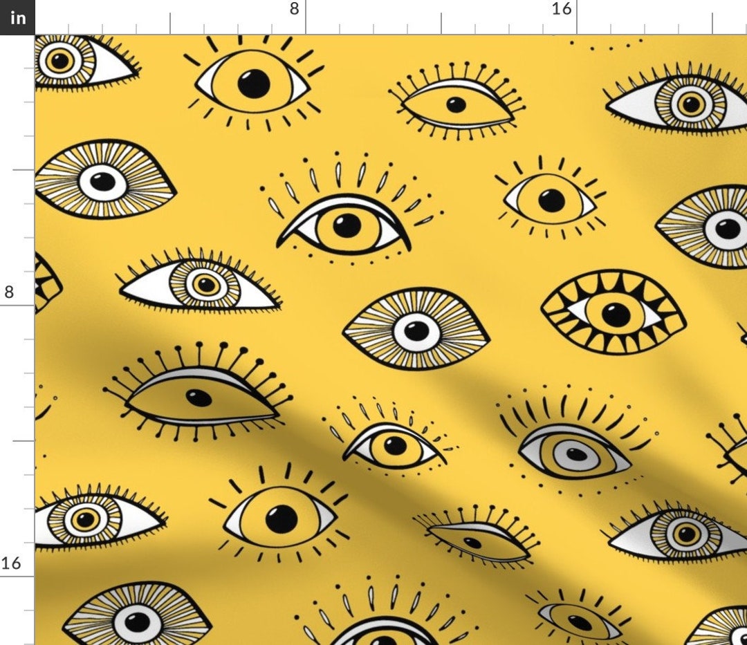 Yellow Eyes Abstract Funky Illustration Fabric Eyes Yellow and White by ...