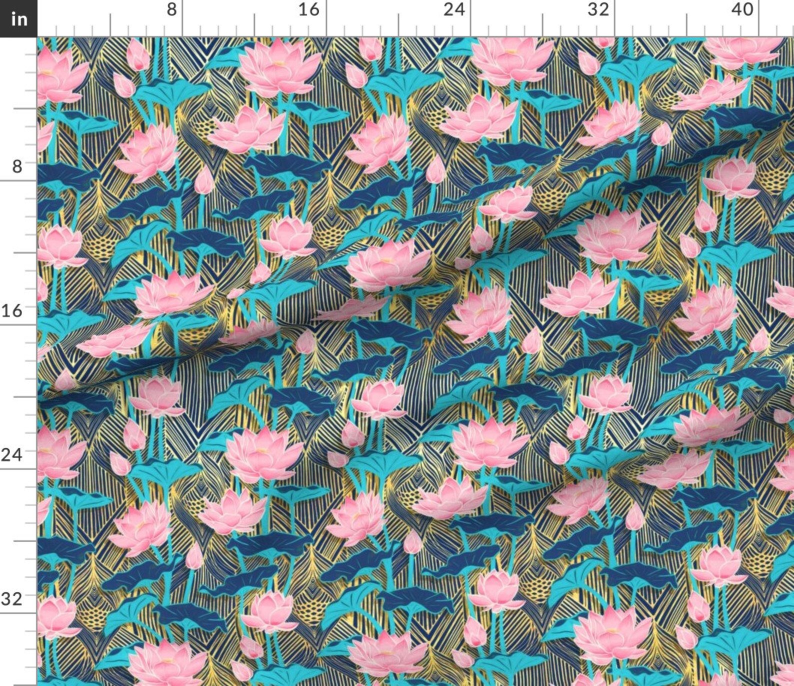 Lotus Fabric Art Deco Lotus Flowers in Pink Navy by Micklyn - Etsy
