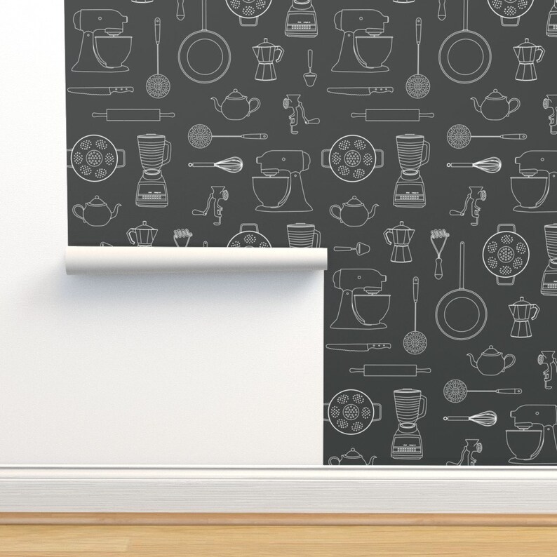 Kitchen Wallpaper Kitchen Tools white on Dark Gray by - Etsy