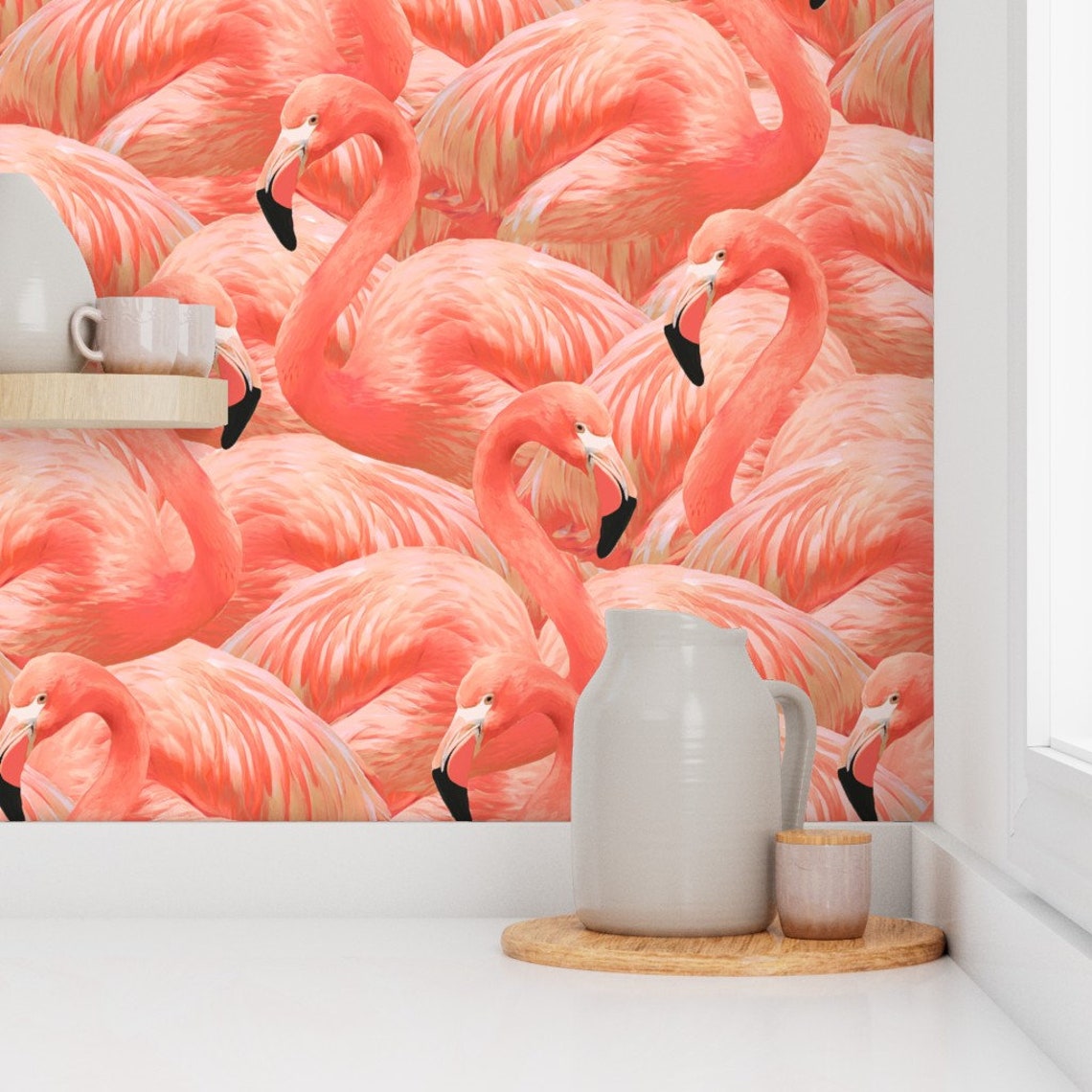 Flamingo Wallpaper Flamingo Fever in Coral by - Etsy