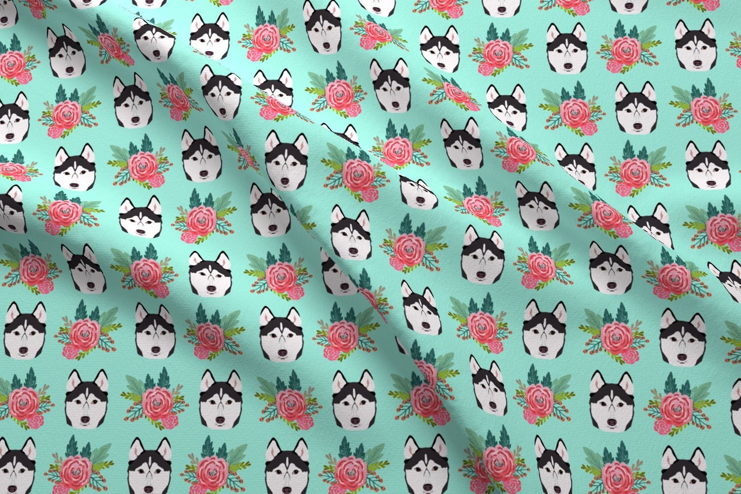 Husky Heads Fabric Husky Dog Cute Florals Mint Flower By | Etsy
