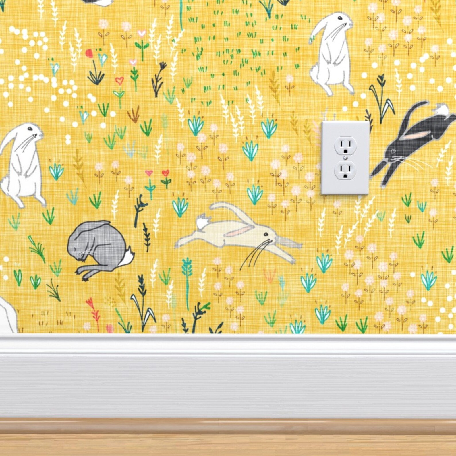 Rabbit Wallpaper Bunny Field Yellow by Nouveau Bohemian | Etsy
