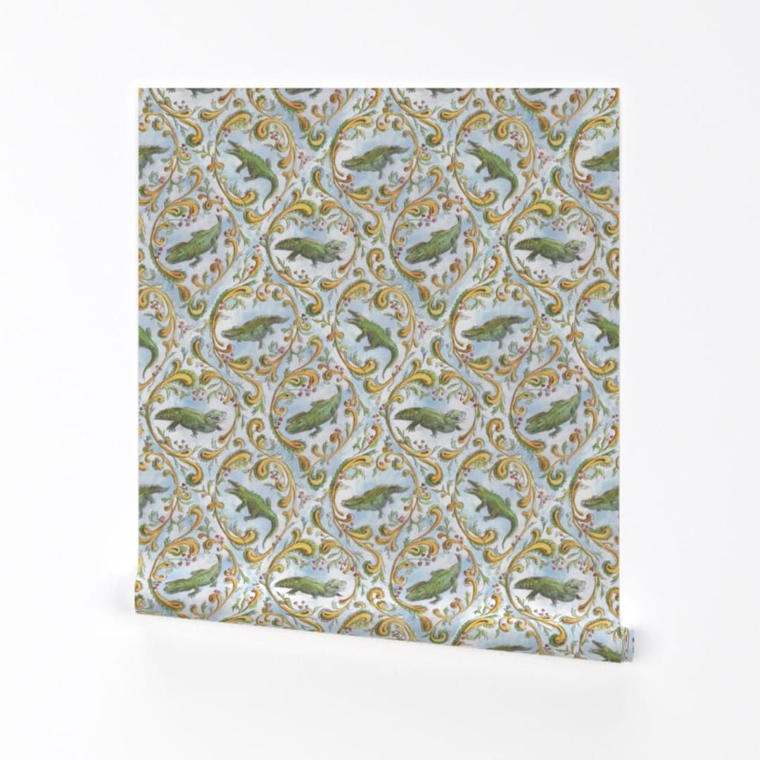 Crocodile Wallpaper - Crocodile Rococo by Zandloopster - Green Kids Swamp Victorian Removable ...
